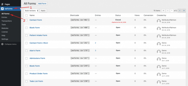 Form Listing Table | weForms Pro
