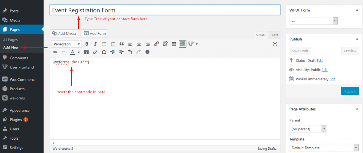 Adding forms to page/post | weForms Pro
