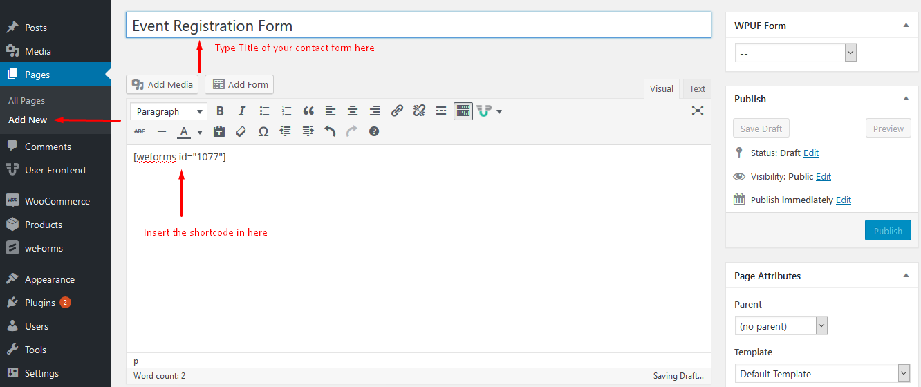 Adding forms to page/post | weForms Pro
