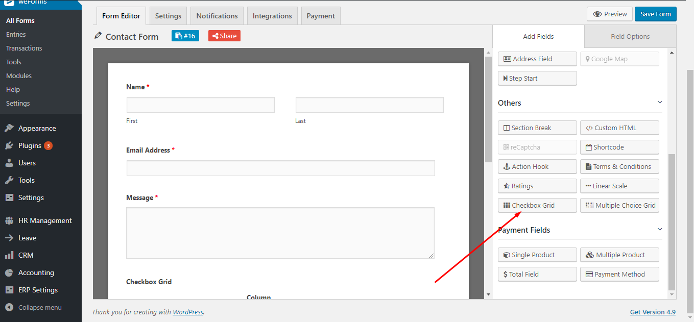 Checkbox Grid | weForms Pro