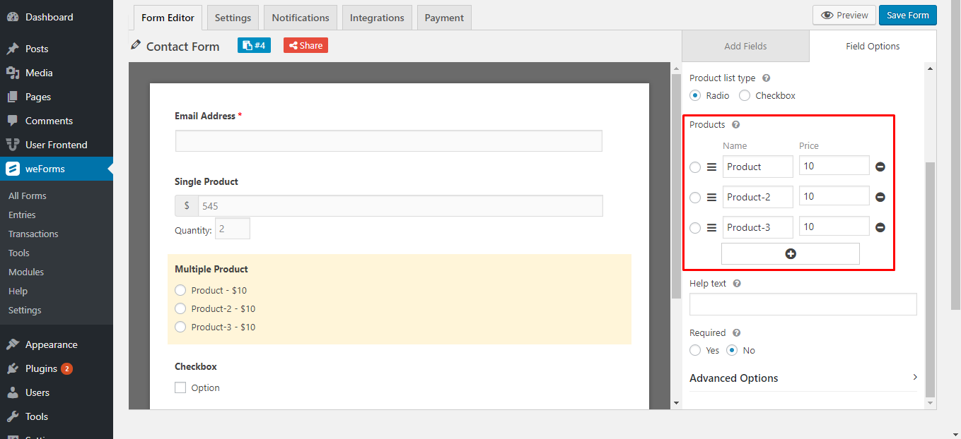 Multiple Product | weForms Pro